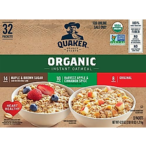 QUAKER Instant Oatmeal, USDA Organic, Non-GMO Project Verified, 3 Flavor Variety Pack, Individual Packets, 32 Count (Pack of 1)