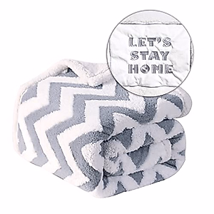Ailemei Sherpa Fleece Blanket with Creative Embroidered Words Patch, King Size Reversible Fuzzy Soft Fluffy Huge Bed Blankets for Winter, Grey Chevron (Let's Stay Home)