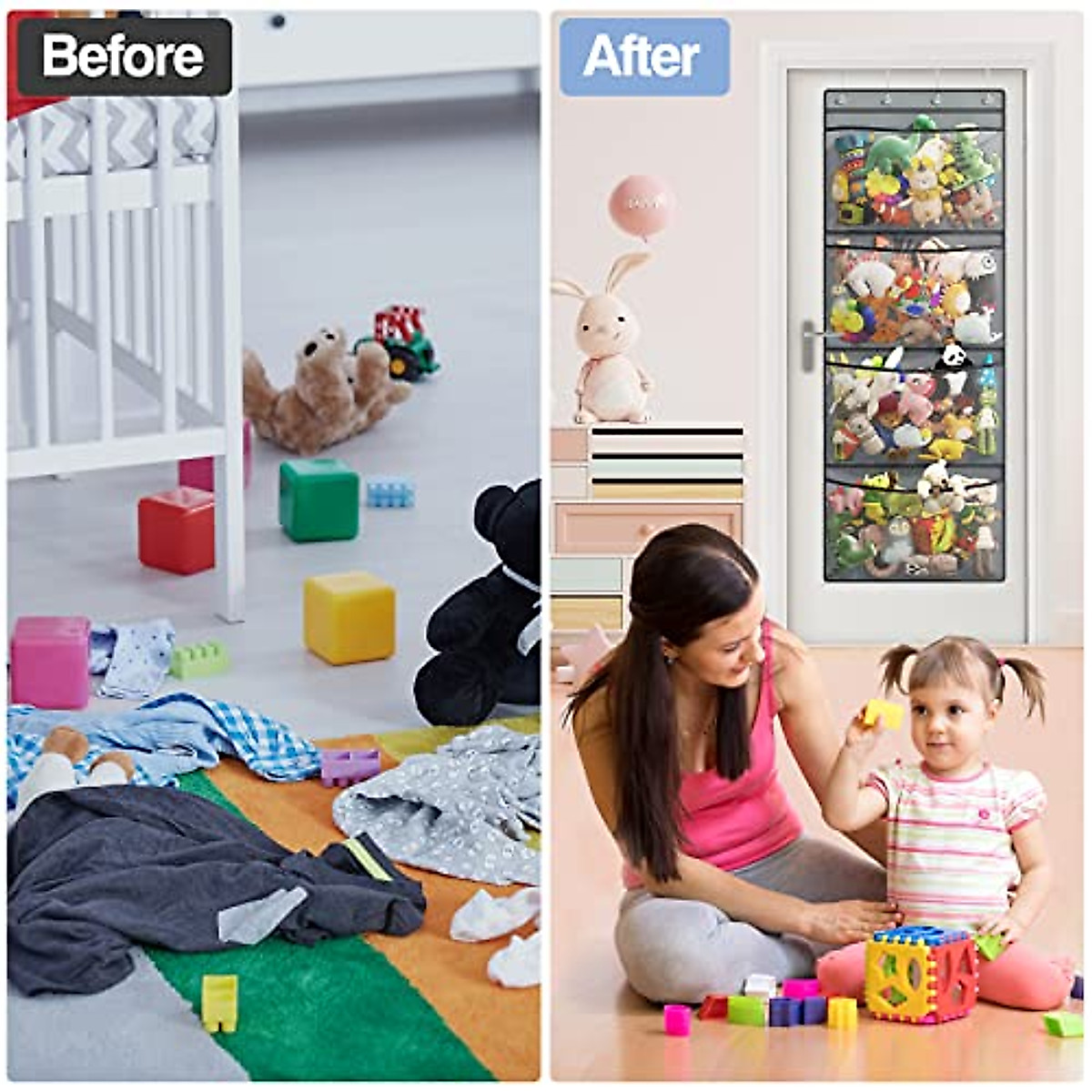 Fixwal 2pcs Over the Door Organizer, Stuffed Animal Storage for Closet Plush Toy, 4 Large Pockets Hanging Storage with Support Pole, Nursery Dorm Bedroom Bathroom Kids Room