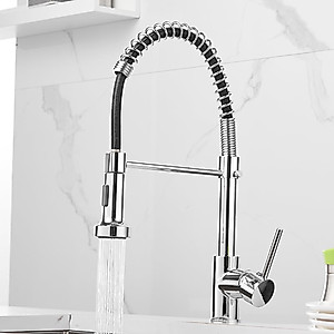 OWOFAN Spring Kitchen Sink Faucet Commercial Single Handle Single Lever Kitchen Faucet with Pull Down Sprayer, Polished Chrome Kitchen Faucets