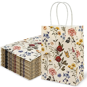 AnyDesign 24Pcs Vintage Wildfloral Paper Gift Bags Wildflower Print Treat Bags with Handles Grocery Shopping Bags Candy Goodie Bags for Baby Shower Wedding Party Supplies