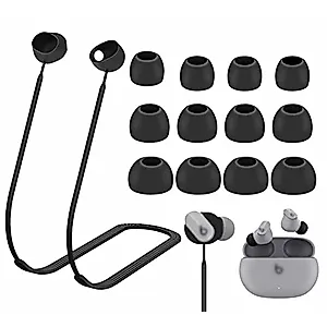 Strap Ear Tips Kit Compatible with Beats Studio Buds, Anti-Lost Soft Silicone Lanyard Neck Rope Cord Leash Replacement Gel Eartips Earbuds Skin Accessories for Studio Buds - Black