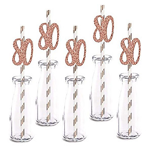 Rose Happy 80th Birthday Straw Decor, Rose Gold Glitter 24pcs Cut-Out Number 80 Party Drinking Decorative Straws, Supplies