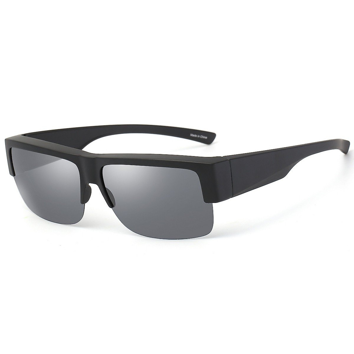 CAXMAN Wear Over Glasses Sunglasses Polarized Lens for Prescription Glasses, Medium Sized Half Frame, Matte Black Frame Black Lens