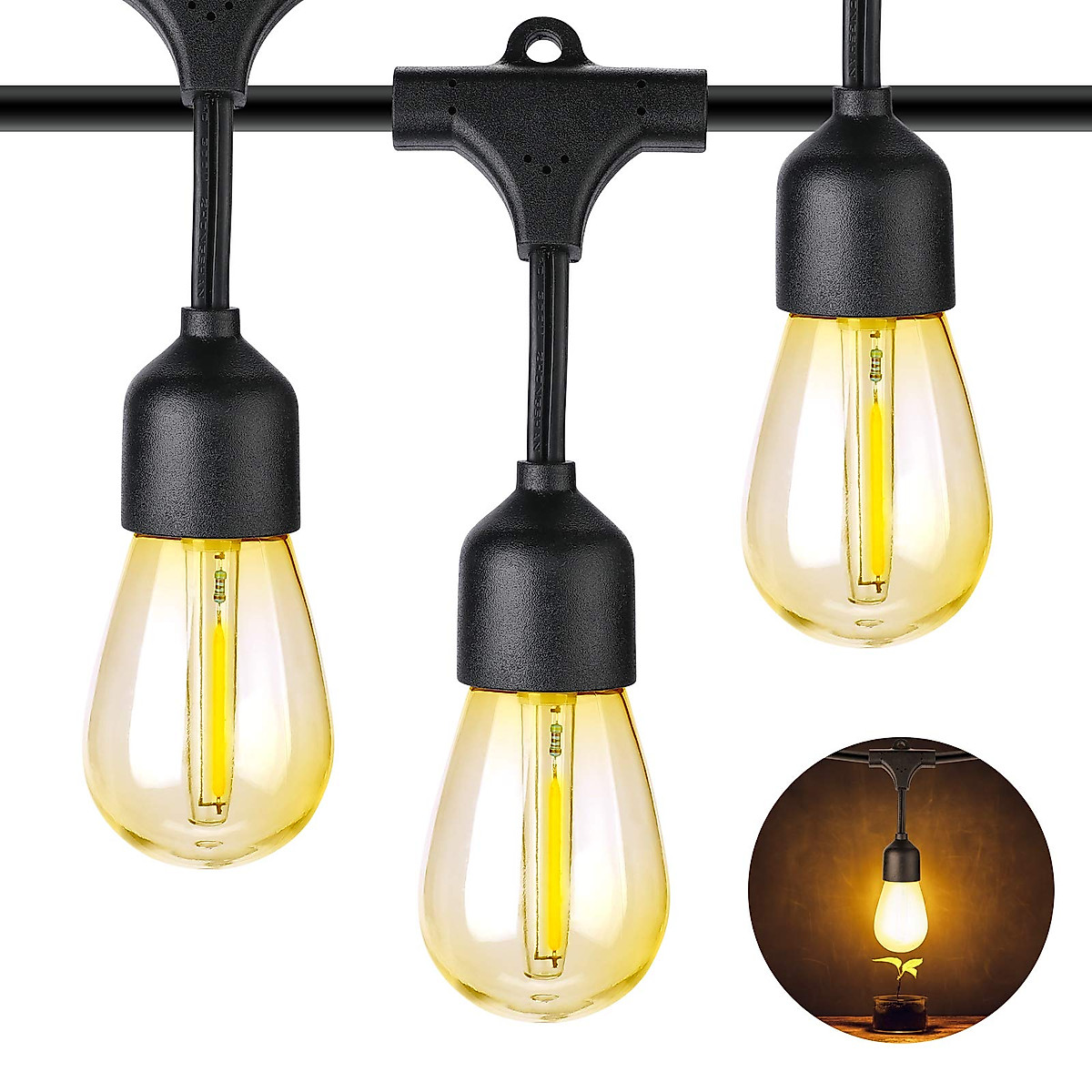 JOYSTA Outdoor String Lights - Waterproof Patio Light String 48FT with 15 Hanging Sockets IP65 Weatherproof Yard Lights 1w S14 Bulbs Lighting for Party Bistro Backyard Garden Cafe