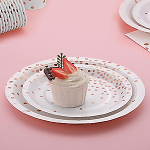 Gudvilla 200PCS Rose Gold Plates and Napkins Party Supplies,Rose Gold Party Decorations Serve 50 Guests,Gold Polka Dots Paper Plates for Retirement Wedding Decorations-Rose Gold Birthday Plates