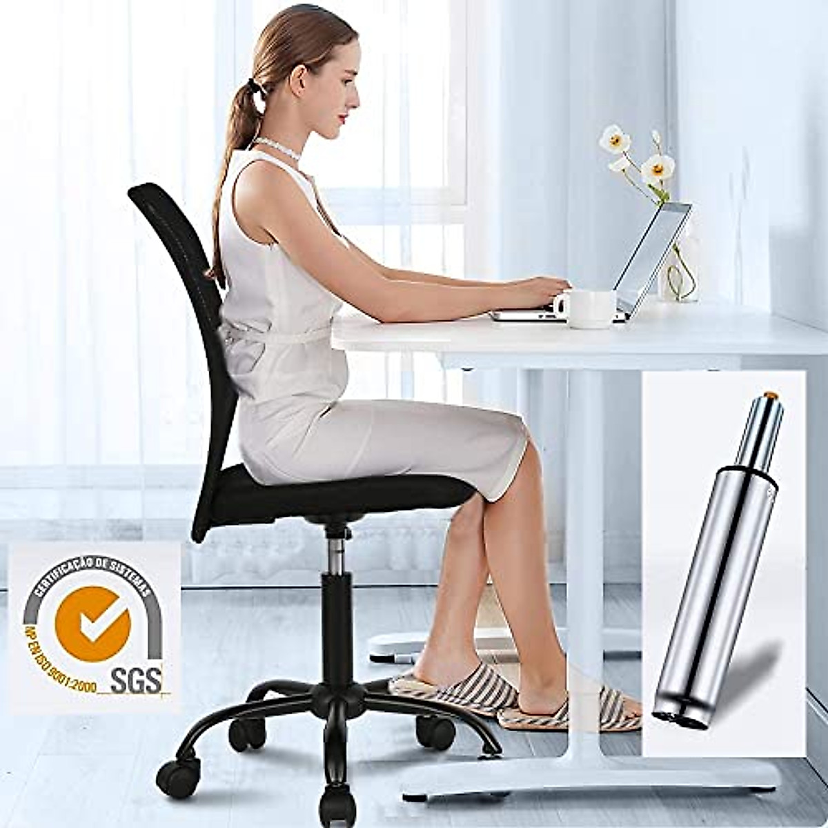 Armless Office Chair Ergonomic Computer Chair Student Desk Chair Height Adjustable Home Office Chair with Wheels Mid-Back Mesh Chair Swivel Task Chair for Small Space Bedroom, Black