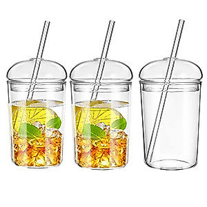 UPKOCH 3 Pack Cups with Lid and Coffee Tumblers Heat Resistant Milk Cup Clear Drinking Glasses for Bubble Tea Smoothie Coke Soda Home Office Bar