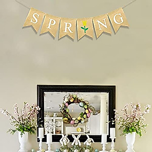 FAKTEEN Spring Burlap Banner with Flower for Mantel Fireplace Home Decor Garland Spring Themed Party Decorations Indoor Outdoor Hanging Bunting Photo Backdrop