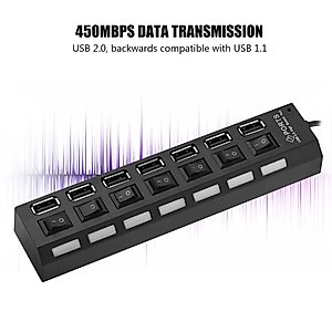 7 Port USB Hub,480Mbps No Conflict Plug & Play USB 2.0 Charger Hub with 7 Independent Switches and Multi-Level for Mobile Phone, Tablet PC, Keyboard, Mouse, Hard Drive, etc