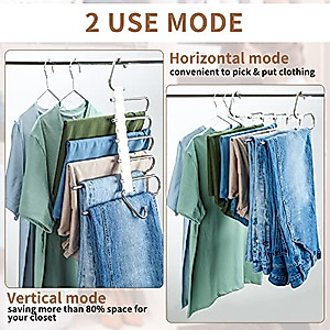 12 Pieces Pants Metal Hangers Organizer Space Saving 5 Layers Stainless Steel Pants Rack Non Slip Clothes Hanger Closet Organizer with Hooks for Trousers Scarf Jeans Skirts