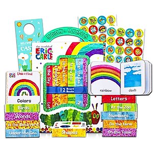 Eric Carle Board Books Set for Babies Toddlers - Eric Carle Book Block Case with 12 Mini Books and Stickers