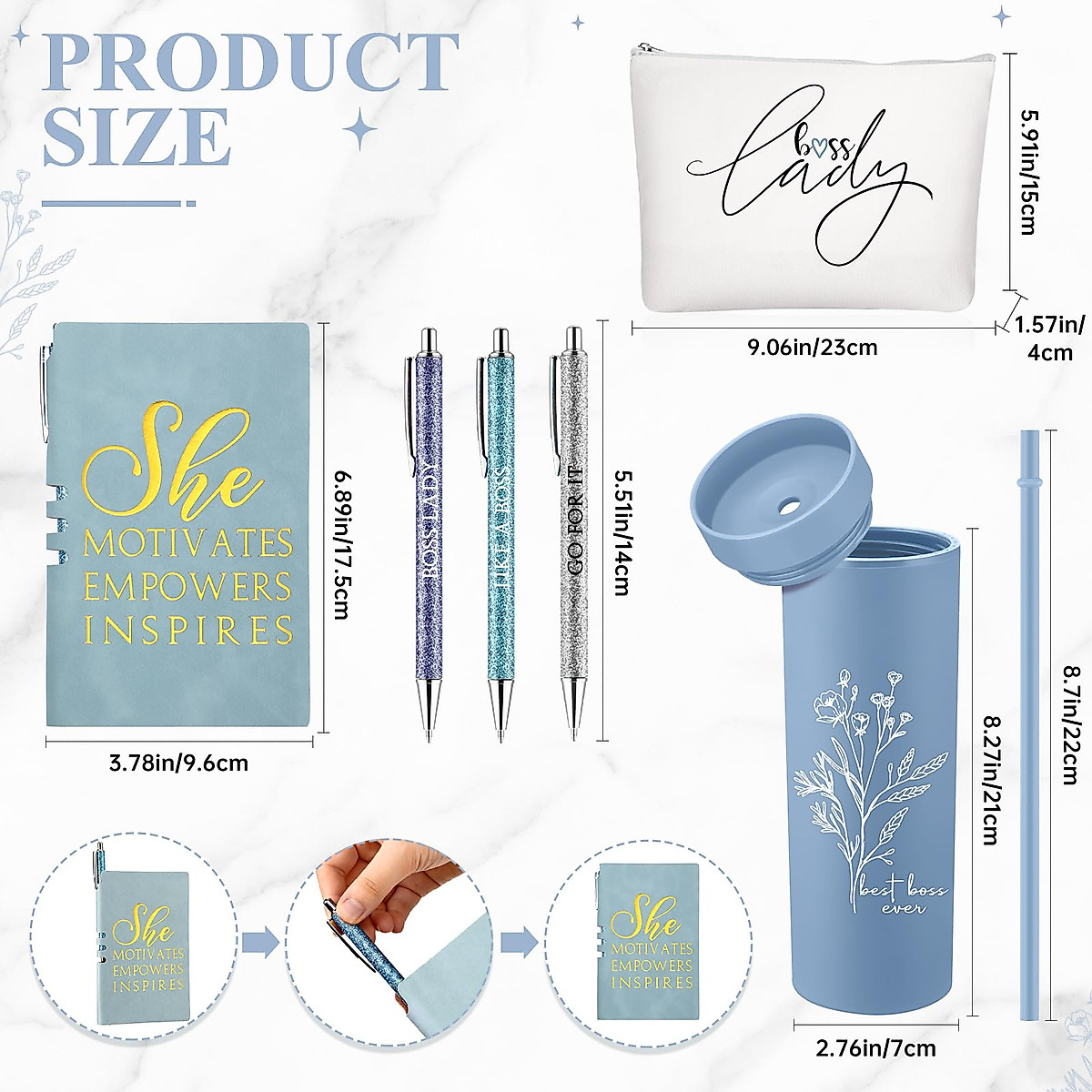 Funnymoom 6 Pcs Boss Appreciation Gift Set for Lady Women Best Boss Ever Gift 16 oz Plastic Tumbler Makeup Bag A6 Notepad and Pens Set for Female Boss Birthday Gifts Xmas Office Present