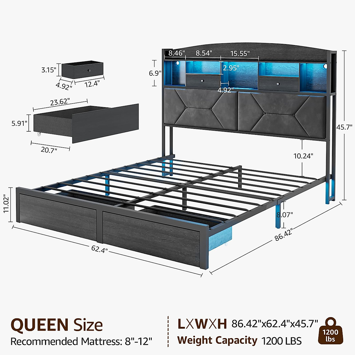 DOGIBIXO Queen Size Black Bed Frame with 4 Storage, Upholstered Velvet Platform Bed Frames with Button Tufted Headboard Led Lights, Wooden Slats Support, No Box Spring Needed, Black