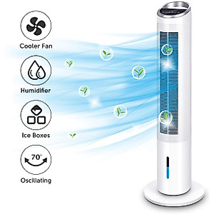 Air Choice Evaporative Cooler, 40" Portable Tower Fan with 70° Oscillating for Big Space, 3 Speeds & Modes, 8H Timer, 2 Ice Packs, Removable Water Tank, Portable Swamp Cooler with LCD Panel & Remote