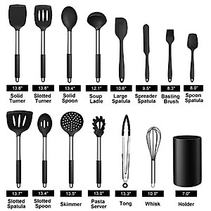 LIANYU 15-Piece Kitchen Cooking Utensils Set with Holder, Silicone Kitchen Tools Stainless Steel Handle, Slotted Spatula Spoon Turner Tong Whisk Brush for Cooking, Black