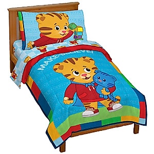 Daniel Tiger's Neighborhood Tiger Trolley 4 Piece Toddler Bed Set – Includes Comforter & Sheet Set Bedding - Super Soft Fade Resistant Microfiber (Official Daniel Tiger's Neighborhood Product)