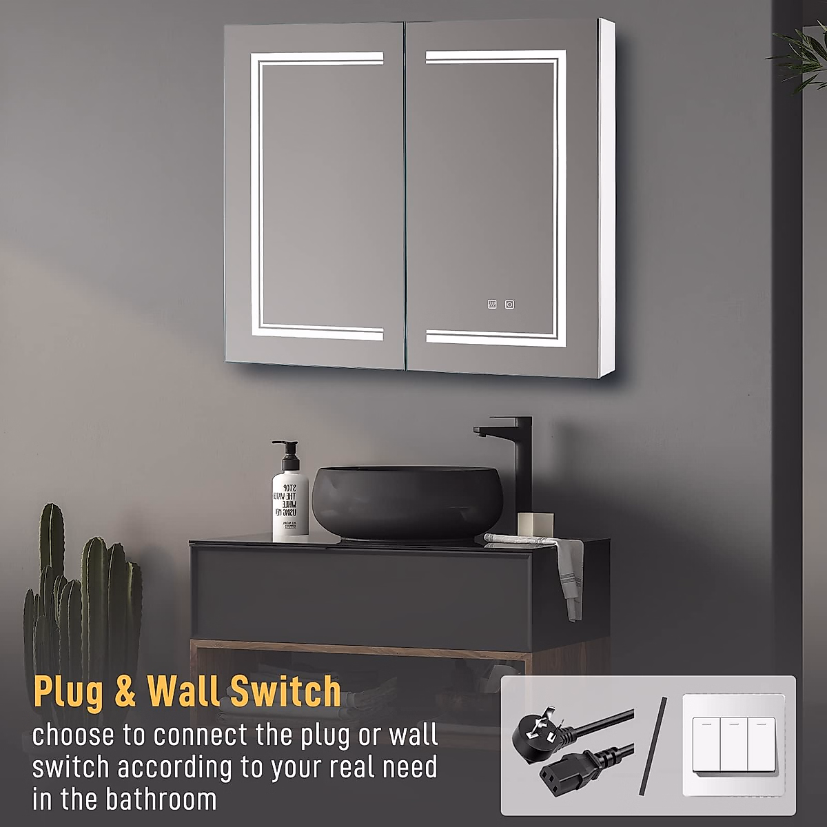 Karl home 2-Doors 32"x28" LED Medicine Cabinet for Bathroom, 3-Color Wall Mounted Dimmable Bathroom Cabinet with 3-Tiers Storage Shelves, Anti-Fog, USB Charge, White