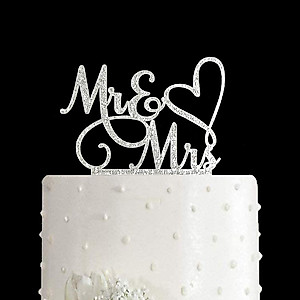 AMINJIE Mr and Mrs Cake Topper Decoration For Bride and Groom Sign Wedding/Engagement , Silver Glitter Acrylic