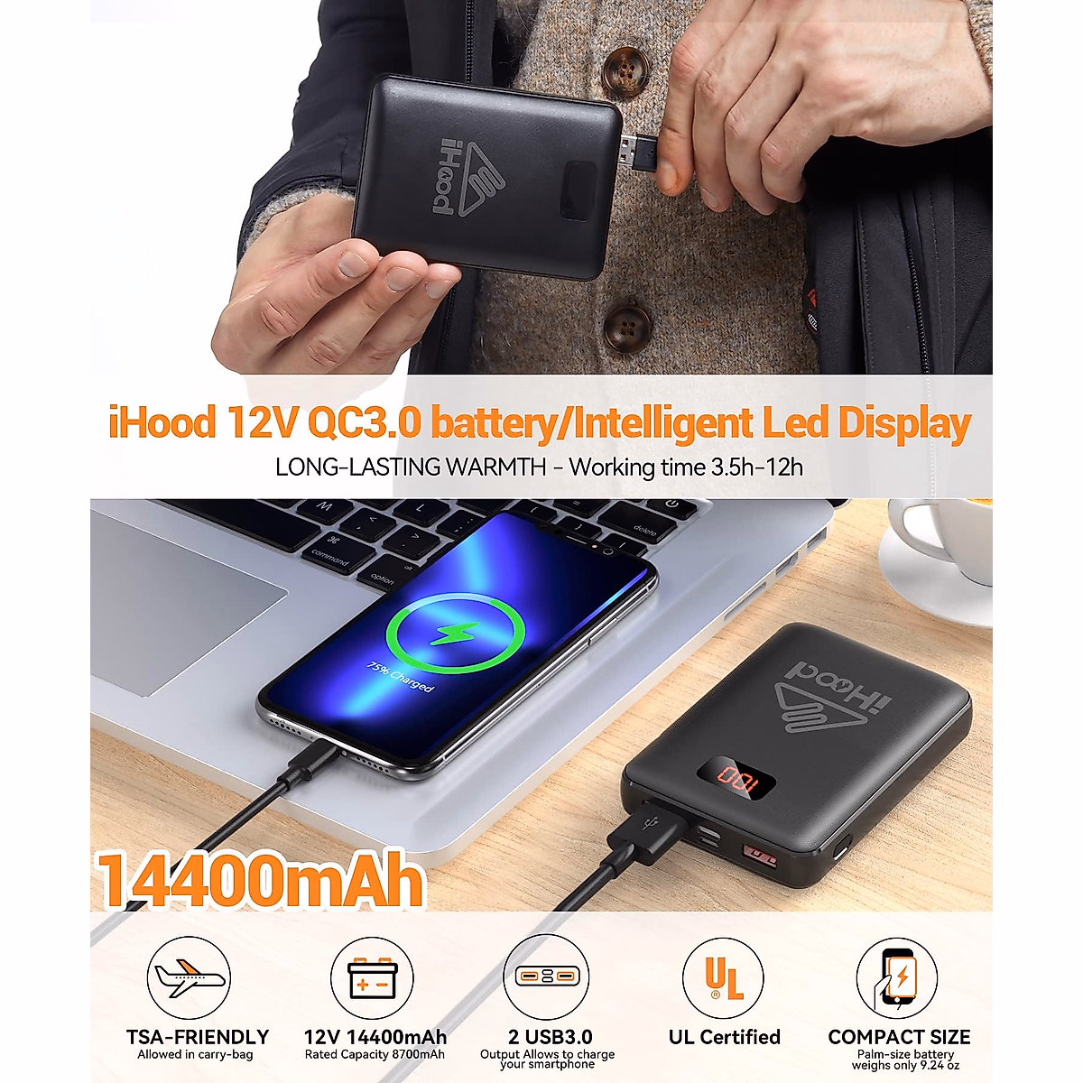 Men's Heated Jacket with Detachable Hood, Waterproof Winter Outdoor Heating Jackets for Men (Battery Pack Included)