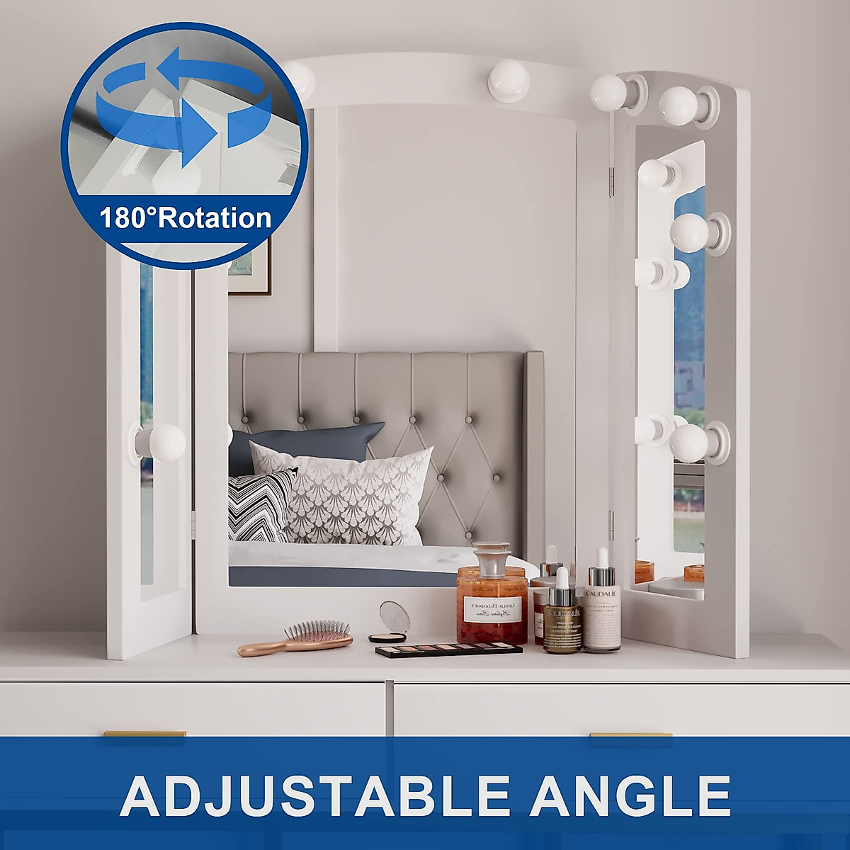 Semiocthome White Makeup Vanity Desk with Mirror and Lights, Make Up Vanity with Power Strip, 39.4" W Vanity Table with 2 Drawers and Stool for Girls, Vanity Set with Gold Metal Frame for Bedroom