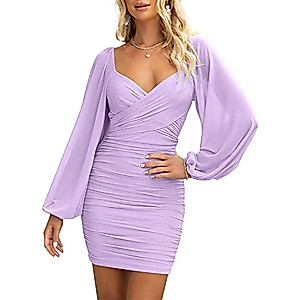 ANRABESS Women's Sexy V Neck Ruched Bodycon Mini Dress Puff Long Sleeve Cocktail Wedding Party Short Dresses 955danzi-S Purple