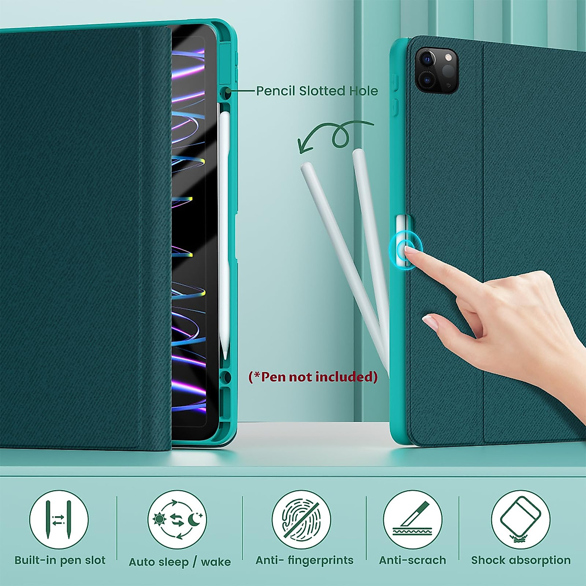 OYEEICE Keyboard Case for iPad Pro 12.9 inch (6th, 5th, 4th Gen) & New Air 13 inch M2, 7 Color Backlit Detachable Wireless Keyboard, Auto Sleep/Wake Cover with Pencil Holder (2022 2021 2020) - Teal