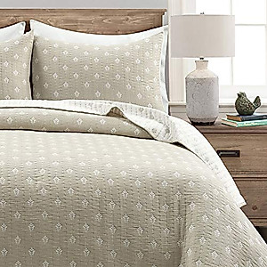 Lush Decor Hygge Kantha Pick Stitch Yarn Dyed Cotton Jacquard 3 Piece Quilt/Coverlet Set, Full/Queen, Neutral & Off-White