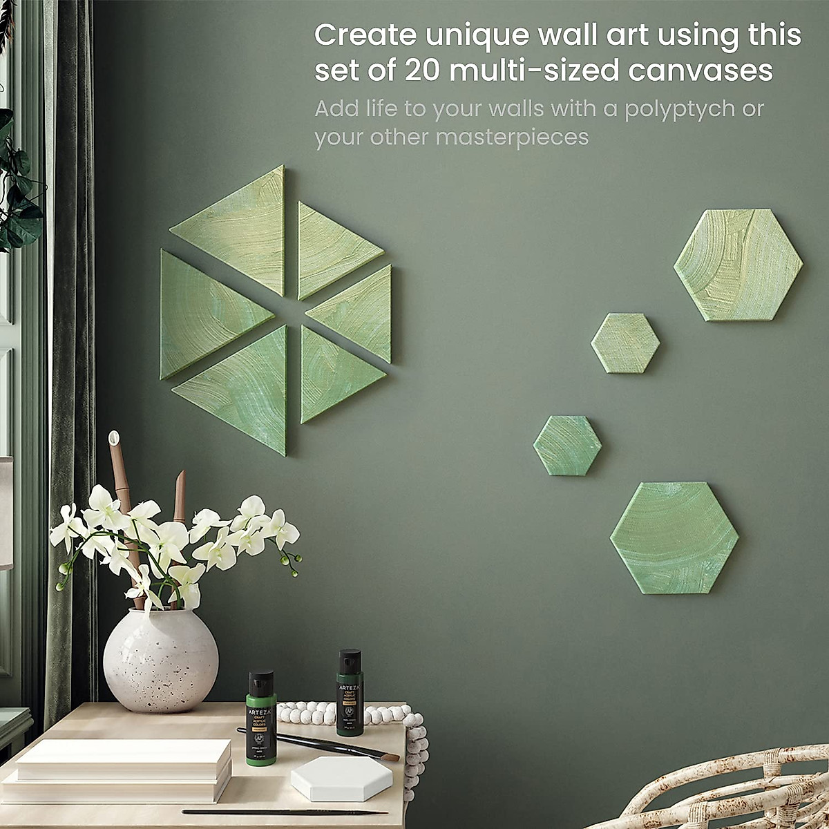 ARTEZA Stretched Canvas, Multipack of 20, Round, Oval, Triangle, and Hexagonal Canvas, Blank White Canvas Boards for Acrylic, Oil and Gouache Painting