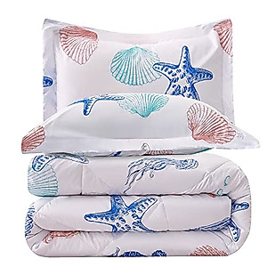 JSD Beach Theme 2 Piece Twin Kids Comforter Set, Jellyfish Starfish Shell Printed Comforter with Pillow Sham, Soft Comfortable Machine Washable
