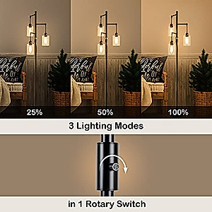 Airposta Industrial Floor Lamp with On/Off Dimmable Switch, 3-Head Rustic Tree Standing Lamp, Edison Bulb 40W Retro Tall Glass Floor Light for Living Room, Reading, Office, Bedroom, Black