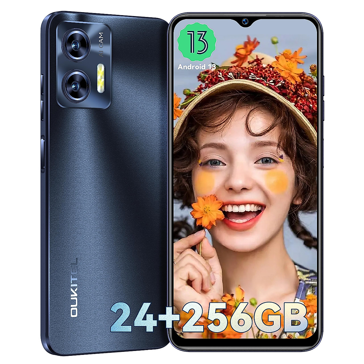 OUKITEL C35 - Android Phone, 24GB RAM+256GB ROM Unlocked Android 13 Phones, 50MP+8MP Camera, 6.56" HD+ Display Cell Phone, 5150mAh Battery Smartphone, 4G Dual SIM, Fingerprint Unlock/Face ID/GPS