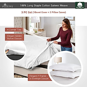 Pizuna 100% Cotton Duvet Cover Queen Size White, 400 Thread Count Long Staple Cotton Cooling Duvet Cover, Sateen Queen Quilt Cover with Hidden Button Closure (White Duvet Cover Queen)