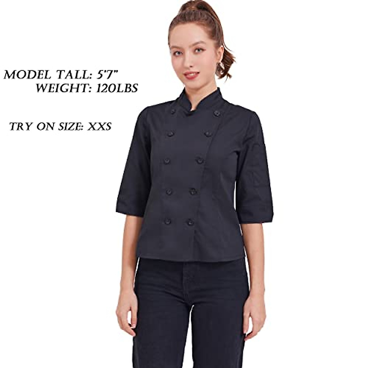 Women's Lovely Chef Coat Lightweight Slim Chef Jacket 3/4 Sleeve Kitchen Chef Uniform Black
