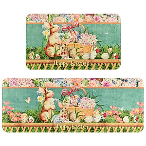 Easter Kitchen Mat 2 Pcs, Easter Egg Rabbit Kitchen Mats and Rugs Non Slip, Colorful Flower Kitchen Rugs Set of 2 Memory Foam Cushioned Anti Fatigue Mat Easter Day Decor, 47'' x 17'' + 30'' x 17''