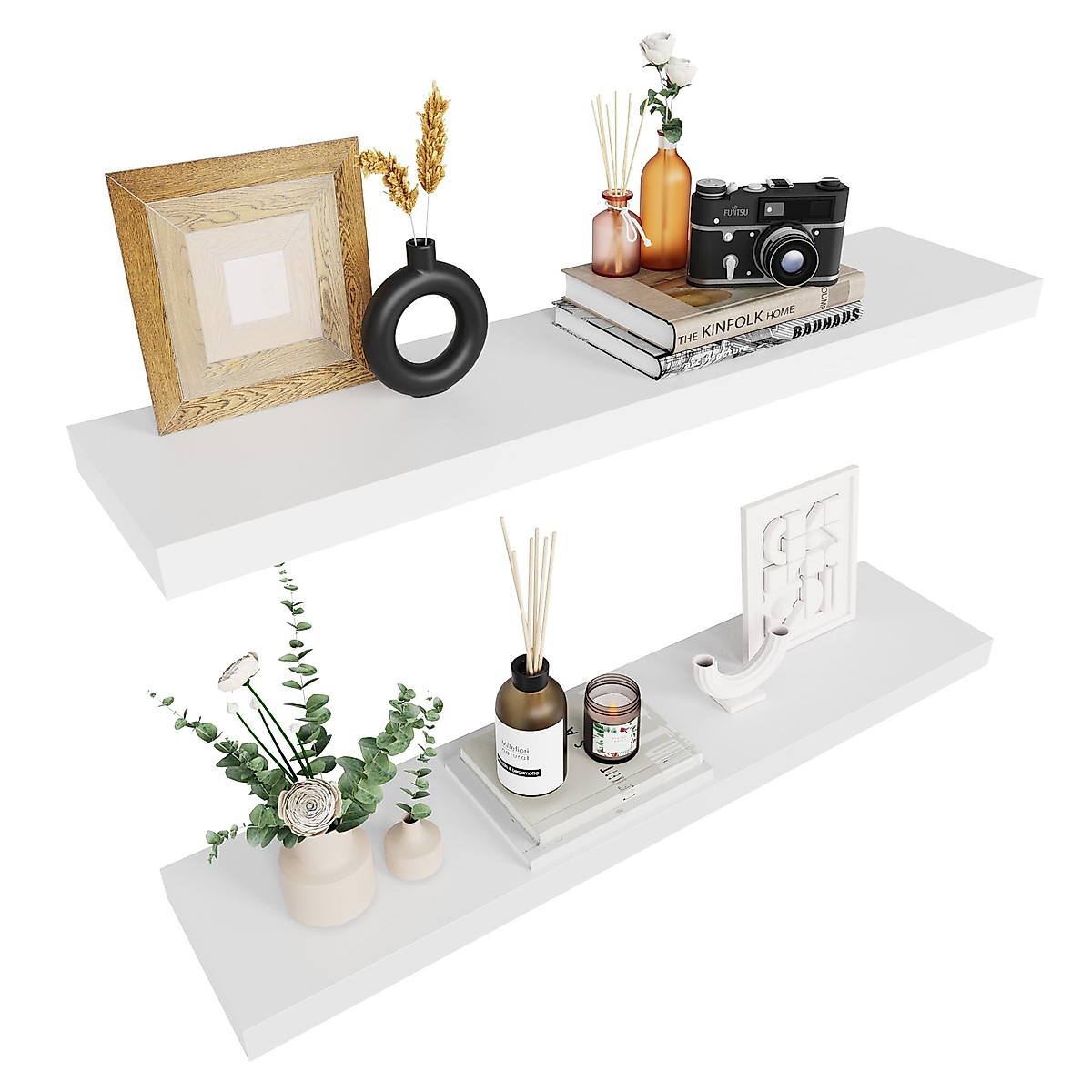 Colima Floating Shelves for Wall White Wood Wall Shelf for Bedroom, 36 Inch Wall Mounted Floating Shelves for Bathroom Living Room Kitchen Office, 1.3" Thick Floating Book Shelves for Wall, Set of 2