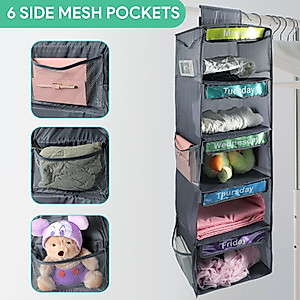 Yuuchoringee 5-Shelf Weekly Clothes Organizer for Kids Days of The Week Hanging Storage Shelves Dorm Room Essentials Daily Shelf Hanging Closet Organizer with 6 Side Pockets…