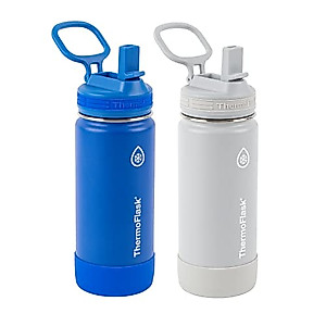 ThermoFlask Double Wall Vacuum Insulated Stainless Steel Kids Water Bottle with Straw Lid, 16 Ounce, 2-Pack, Blueberry/Wolf Grey