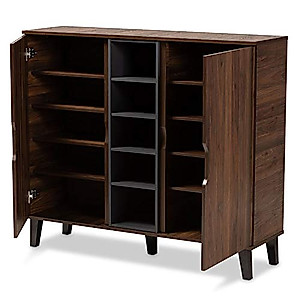 Pemberly Row Mid-Century Modern Two-Tone Walnut Brown and Grey Finished Wood 2-Door Shoe Cabinet