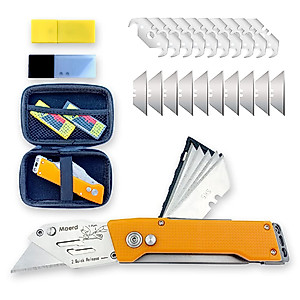 Maerd Heavy Duty Folding Utility Knife, Quick Change Box Cutter Pocket Knife with Frame Lock, Blade Storage in Handle with Extra 25 Blades Included, Razor Carpet Work Knives EDC with Belt Clip