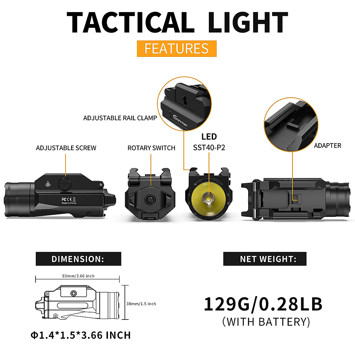 CRONHAWK 1350 Lumens Rail Mounted Pistol Flashlight, Rechargeable Gun Flashlights for Pistol Airsoft