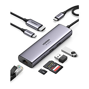 UGREEN Revodok 7 in 1 USB C Hub Gigabit Ethernet Adapter 4K@60Hz HDMI, 100W PD Charging, USB A Data Ports, SD/TF Card Reader Compatible with Mac M1, M2, M3, iPad, iPhone 15 Pro/Pro Max, Steam Deck
