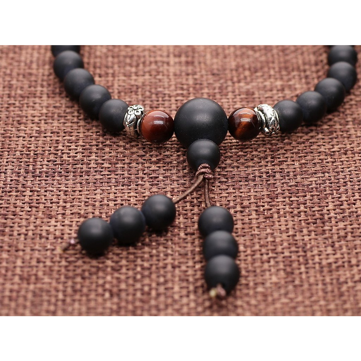 COAI Tibetan 108 Mala Beads Red Tiger Eye Matte Onyx Stone Wrap Bracelet Necklace