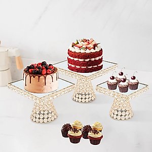 3 Piece Crystal Cake Stands, Gold Round Crystal Cupcake Stand with Square Tray Present Dessert Stands for Wedding Brithday Party Celebration Dessert Display(3Pcs/ Gold Square)