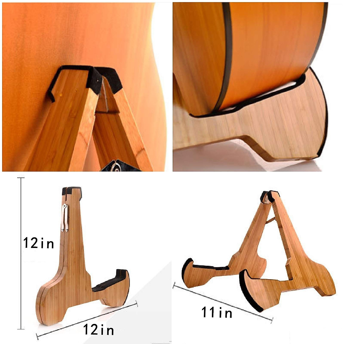 Miwayer Guitar Stand Real Bamboo A-Frame Folding Thickened Universal, with Soft Leather Protection, Safe Non-Slip Portable Stringed Instrument Stand, for Acoustic, Classical, Electric Guitar, Bass…