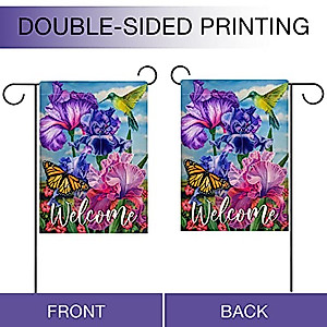 Hzppyz Welcome Spring Hummingbird Iris Garden Flag Double Sided, Purple Flower Bird Yellow Butterfly Decorative House Yard Outdoor Small Decor, Summer Floral Arrangement Home Outside Decoration 12x18