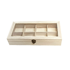 Cregugua 2 Pack Unfinished Wooden Box with Glass Lid, Wood Jewelry Storage Tray Box,8 Compartment Organizer 12.6 x 6.3 x 2.4 In