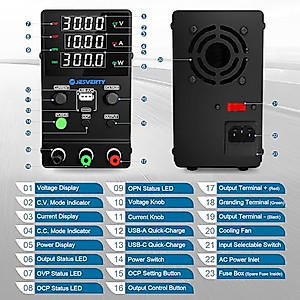 Jesverty DC Power Supply Variable, 0-30V 0-10A Adjustable Switching DC Regulated Bench Power Supply with 20W USB & Type-C Quick-Charge, Encoder Knob, Output Switch, 4-Digit LED Display - SPS-3010M