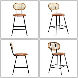Amadi Counter Stools Rattan Back Dining Chair,Indoor Faux Leather Bar Stools Set of 4,Armless Dining Chairs with Rattan Backrest,Modern Metal Counter Height Barstools for Home Whiskey Brown,24"