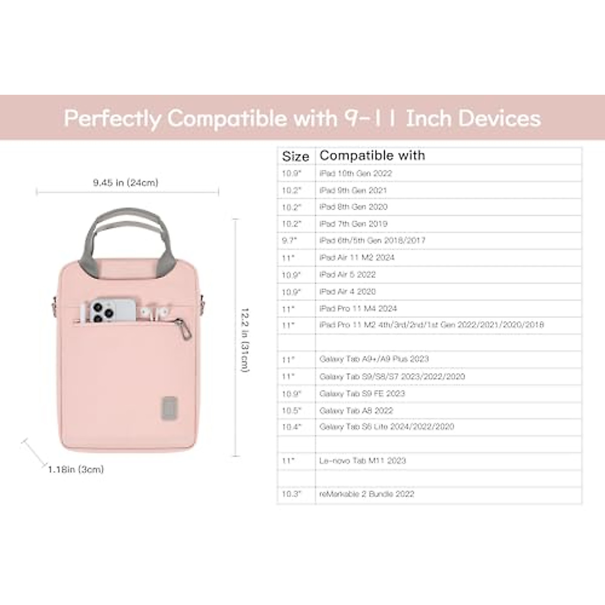 Dadanism 9-11" Tablet Sleeve Carrying Bag with Shoulder Strap for iPad 10th Gen 10.9, iPad 9/8/7th Gen 10.2, iPad Air 11", iPad Pro 11 M4 M2 2024, iPad Air5/4 10.9, Galaxy Tab A9+ Plus 11"/S9 FE, Pink